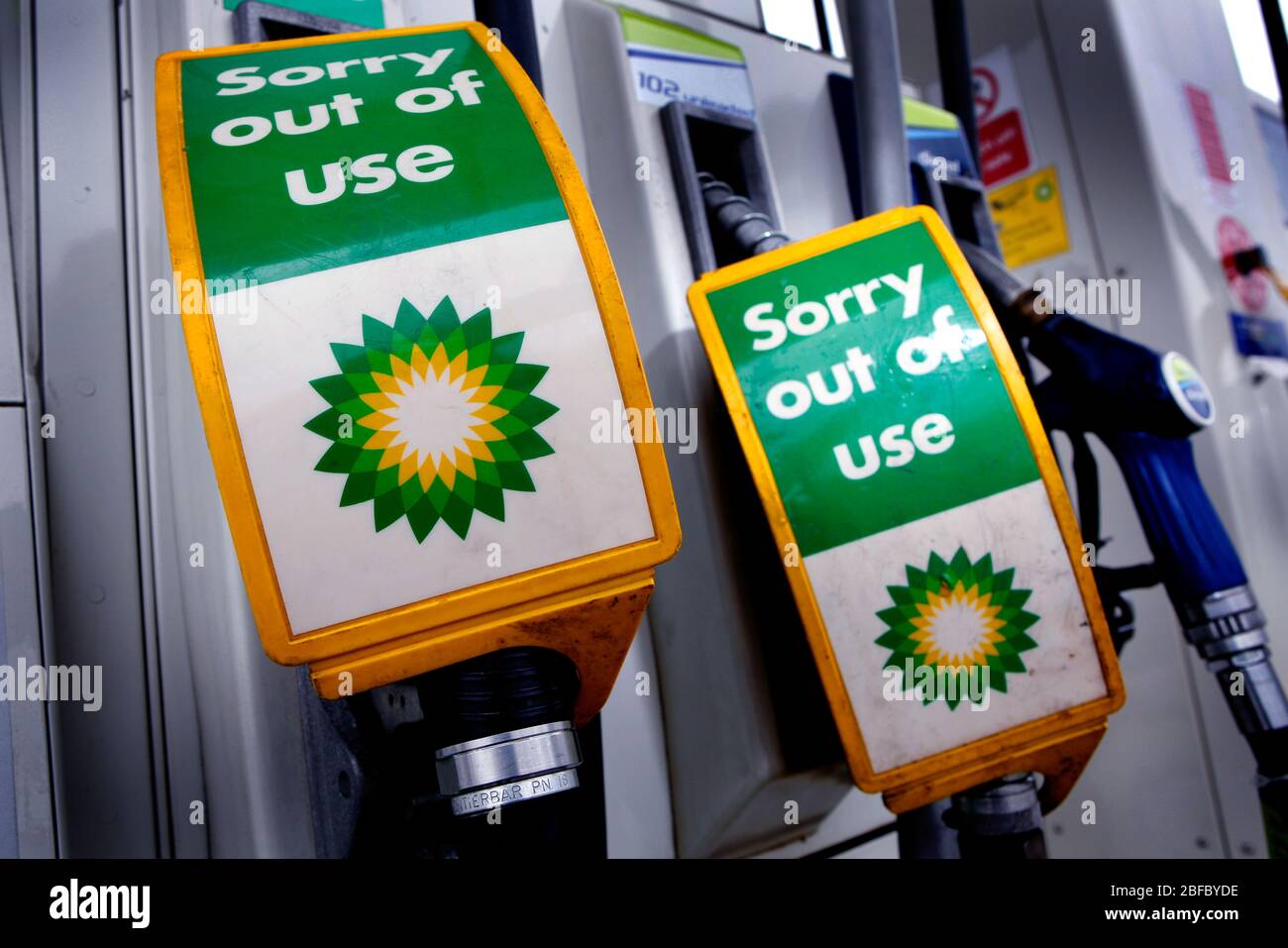 Two out of use pumps at a BP petrol station Stock Photo - Alamy