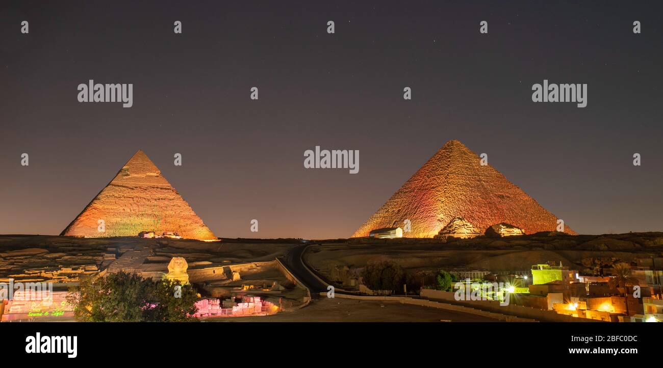 Light show on the Giza Pyramids; Al Haram, Giza Governate, Egypt Stock ...