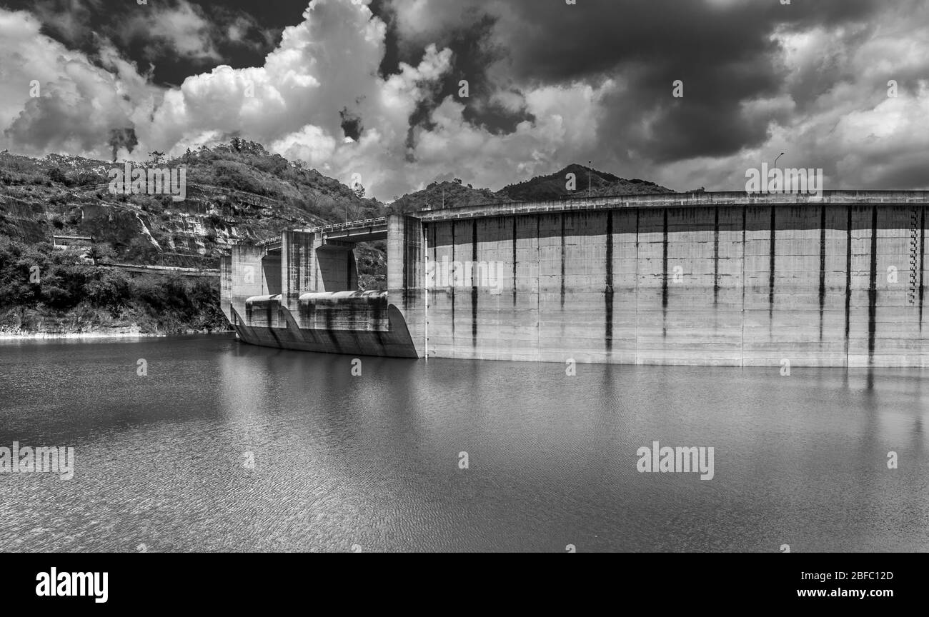 dramatic black and white image of Presa Jiguey Dam and reservoir, in ...