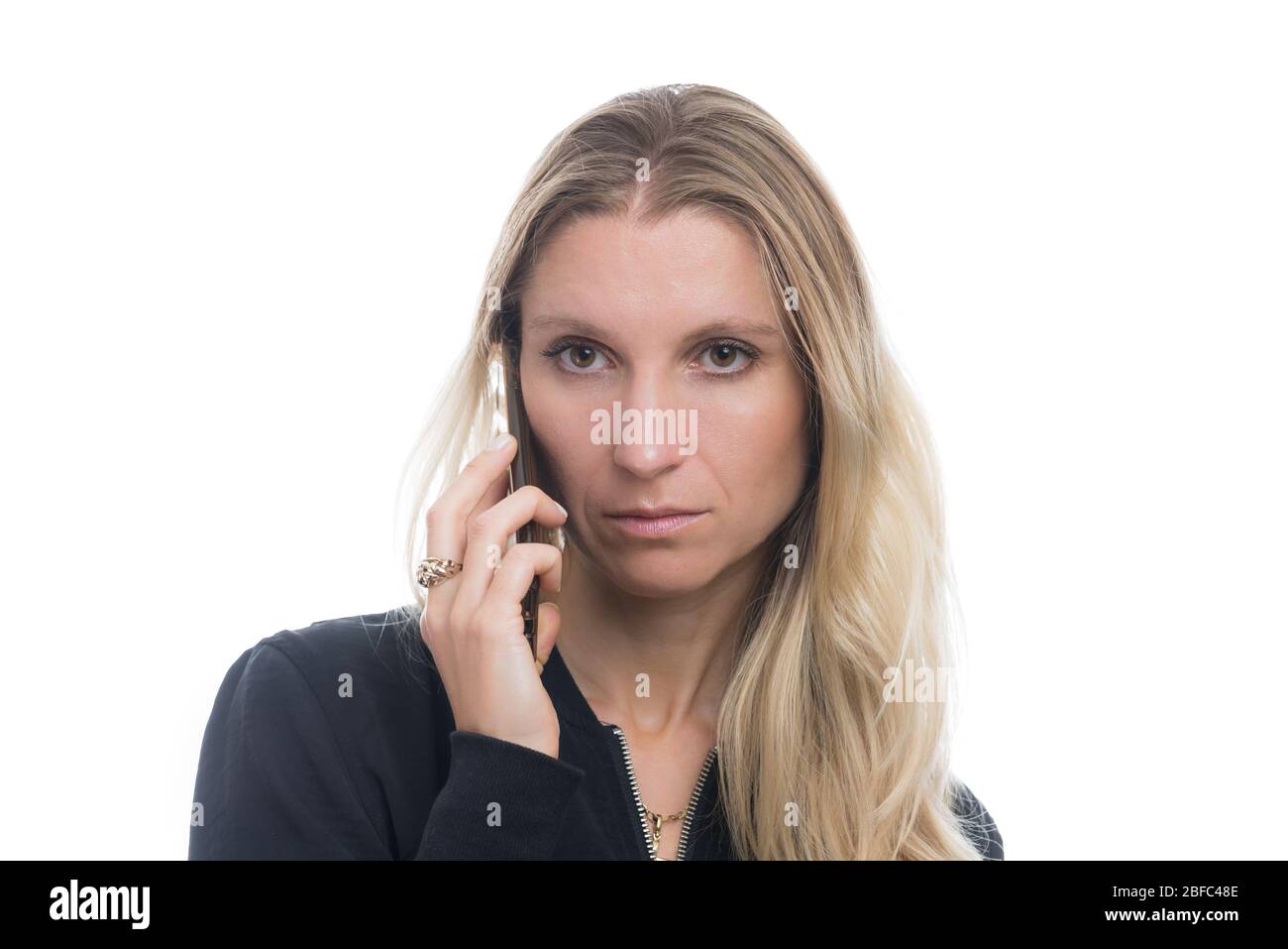 Business woman talking at phone, isolated over a white background Stock ...