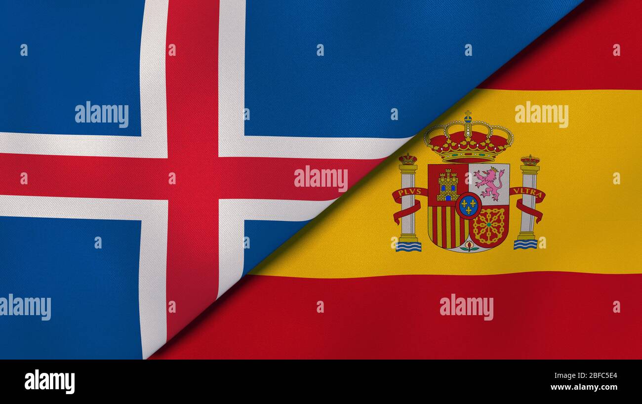Two states flags of Iceland and Spain. High quality business background ...