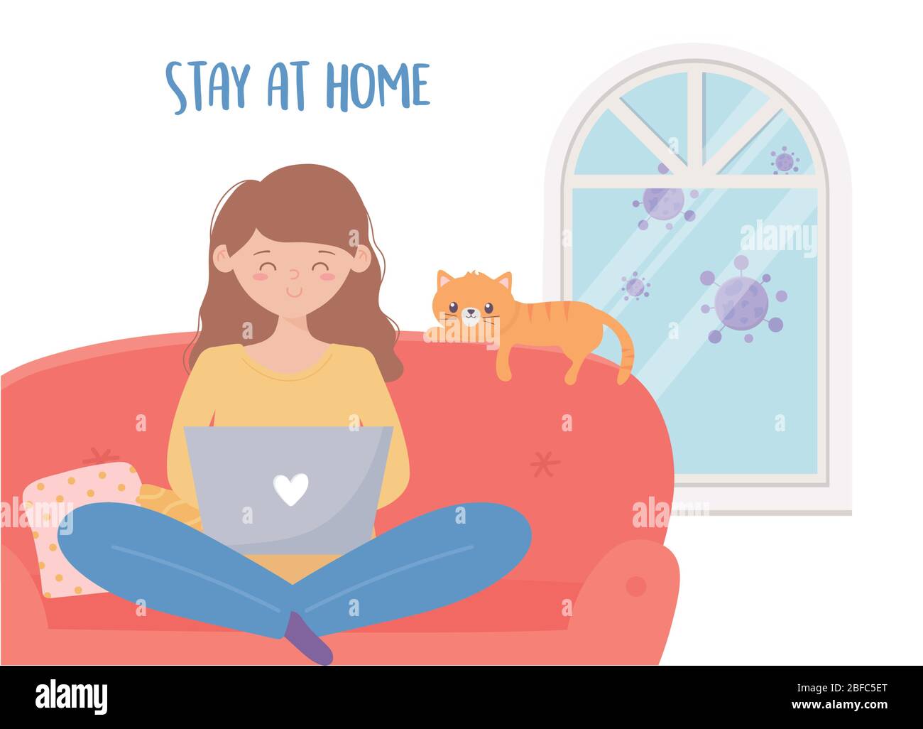 quarantine stay at home, woman using laptop on sofa with her cat ...
