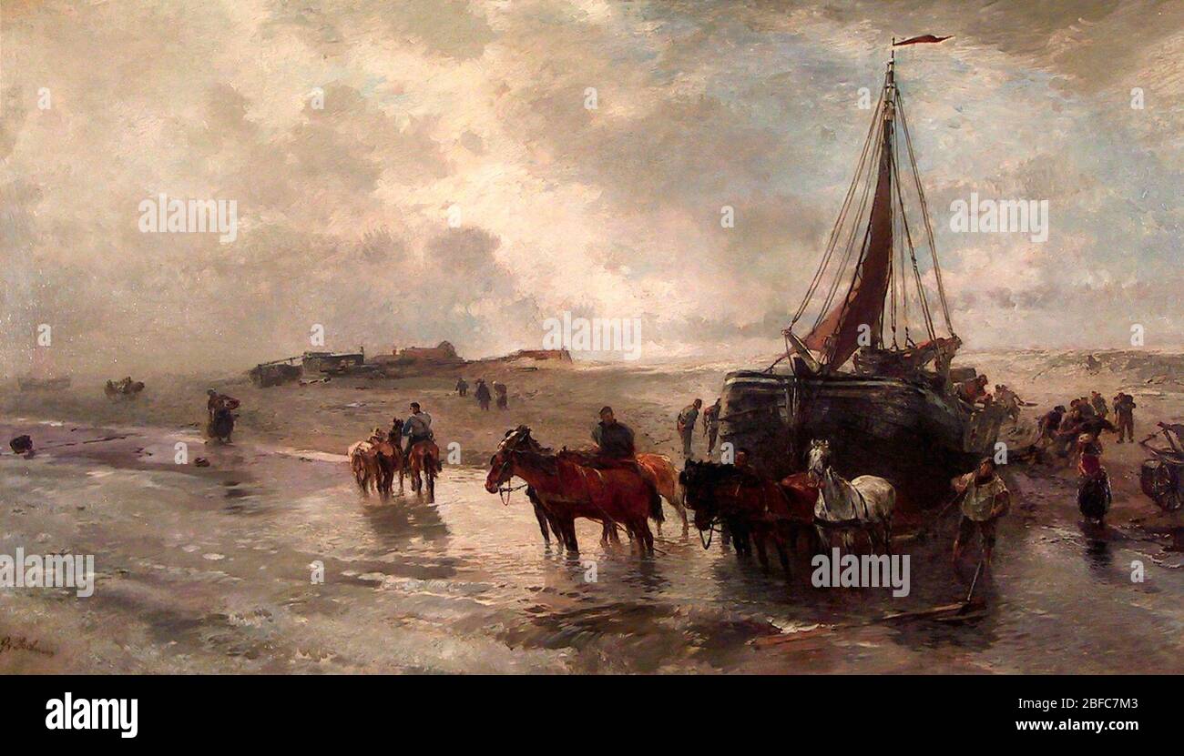 Floating a fishing boat - Gregor von Bochmann, 1888 Stock Photo - Alamy