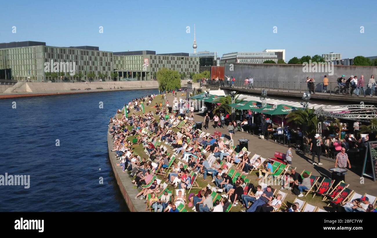Popular beach club at River Spree in Berlin on a hot summer day - CITY ...