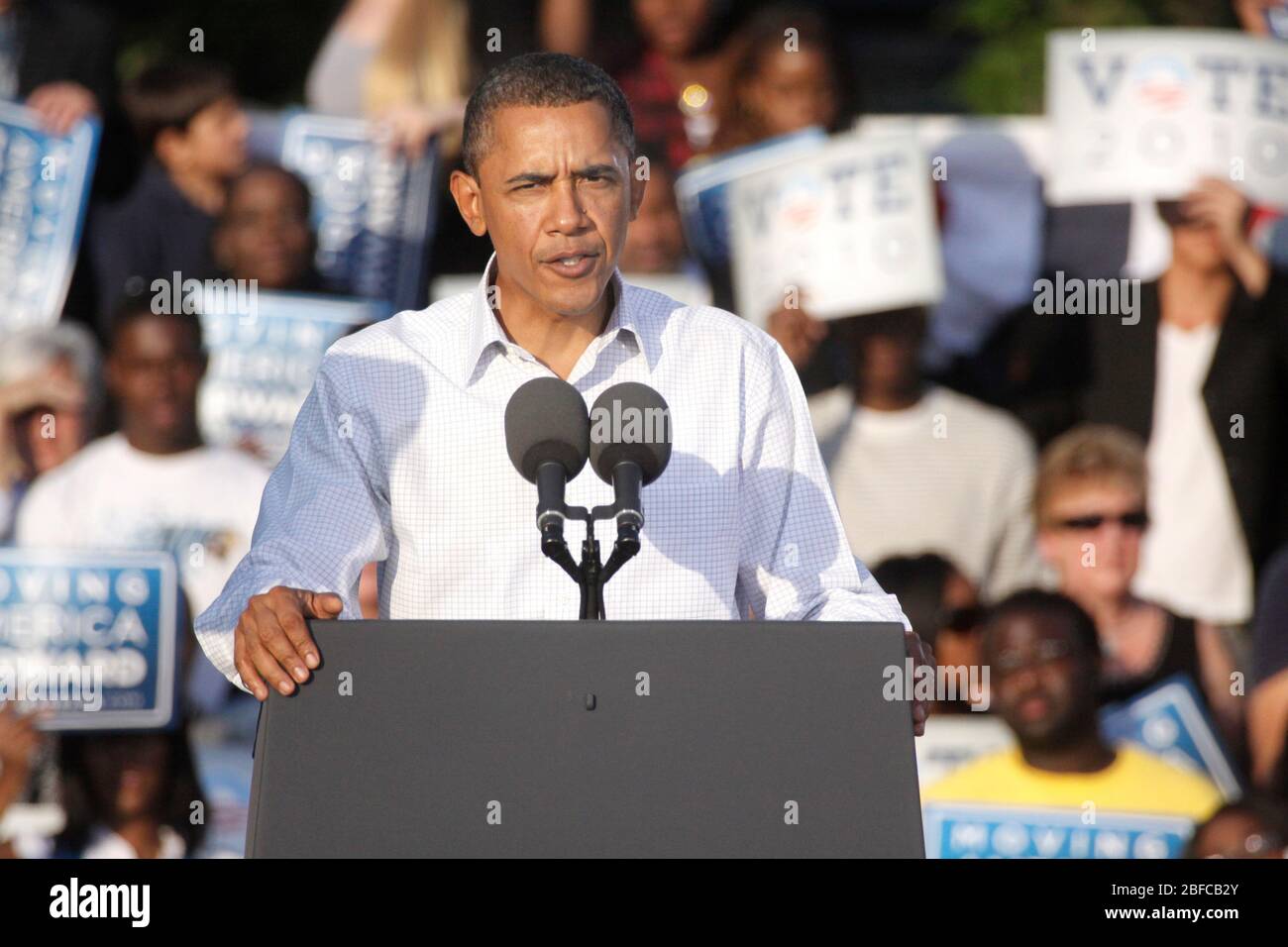 President Barrack Obama pictured at his Moving America Forward rally in ...