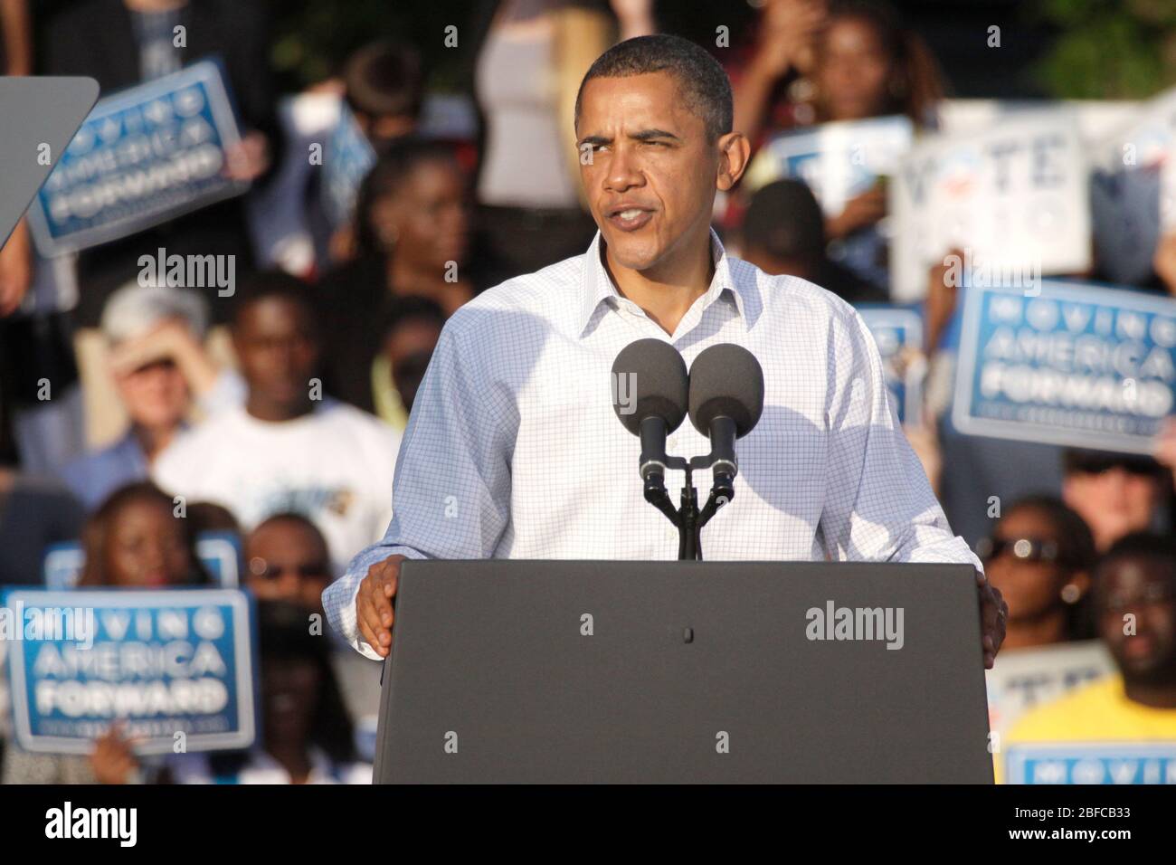 President Barrack Obama pictured at his Moving America Forward rally in ...