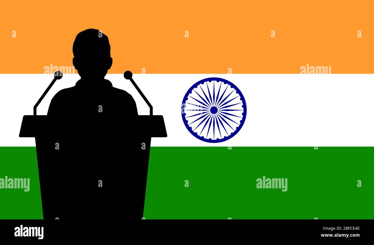 Orator Speaking From Tribune India Flag Background. Public Speaker ...