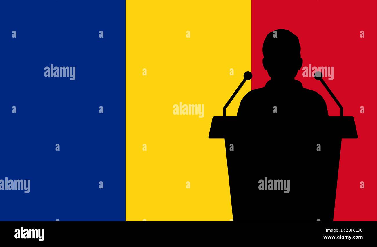 Orator Speaking From Tribune Romania Flag Background. Public Speaker ...