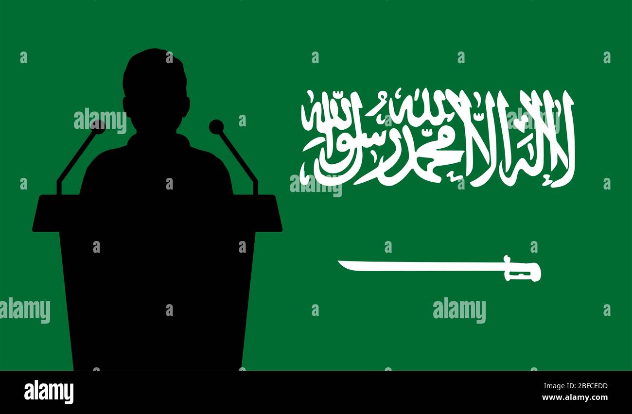 Orator Speaking From Tribune Saudi Arabia Flag Background. Public ...