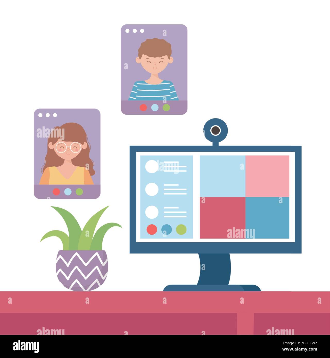meeting online, people tele working computer camera and plant on desk ...