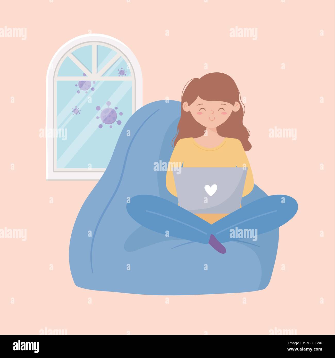 quarantine stay at home, woman using laptop sitting on bean chair ...