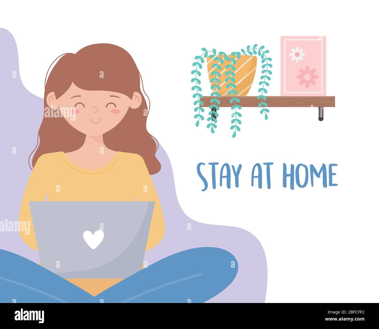 quarantine stay at home, woman using laptop computer cartoon vector ...