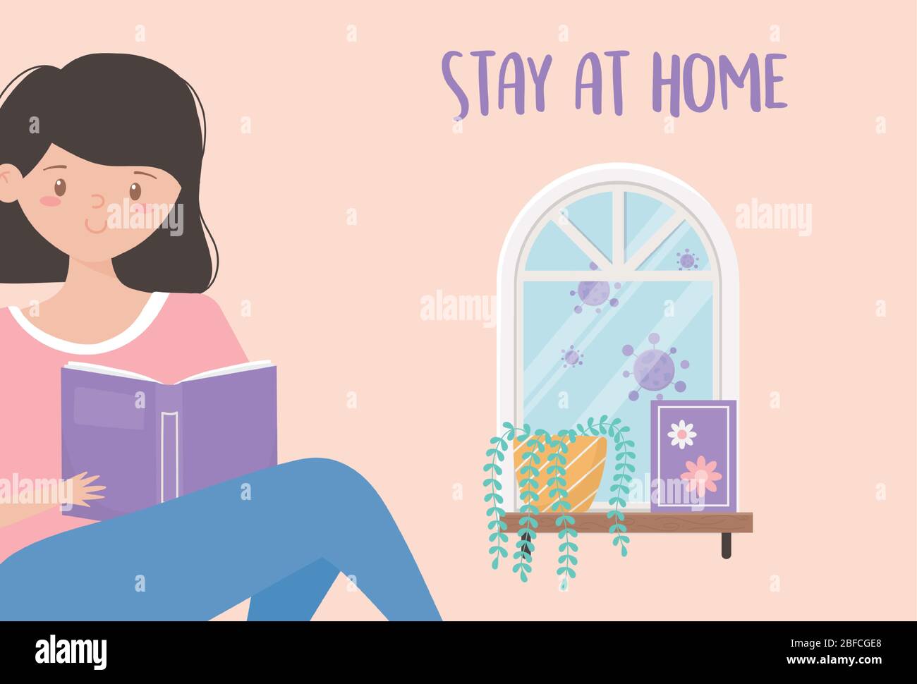 quarantine stay at home, girl reading book in room with plant window ...