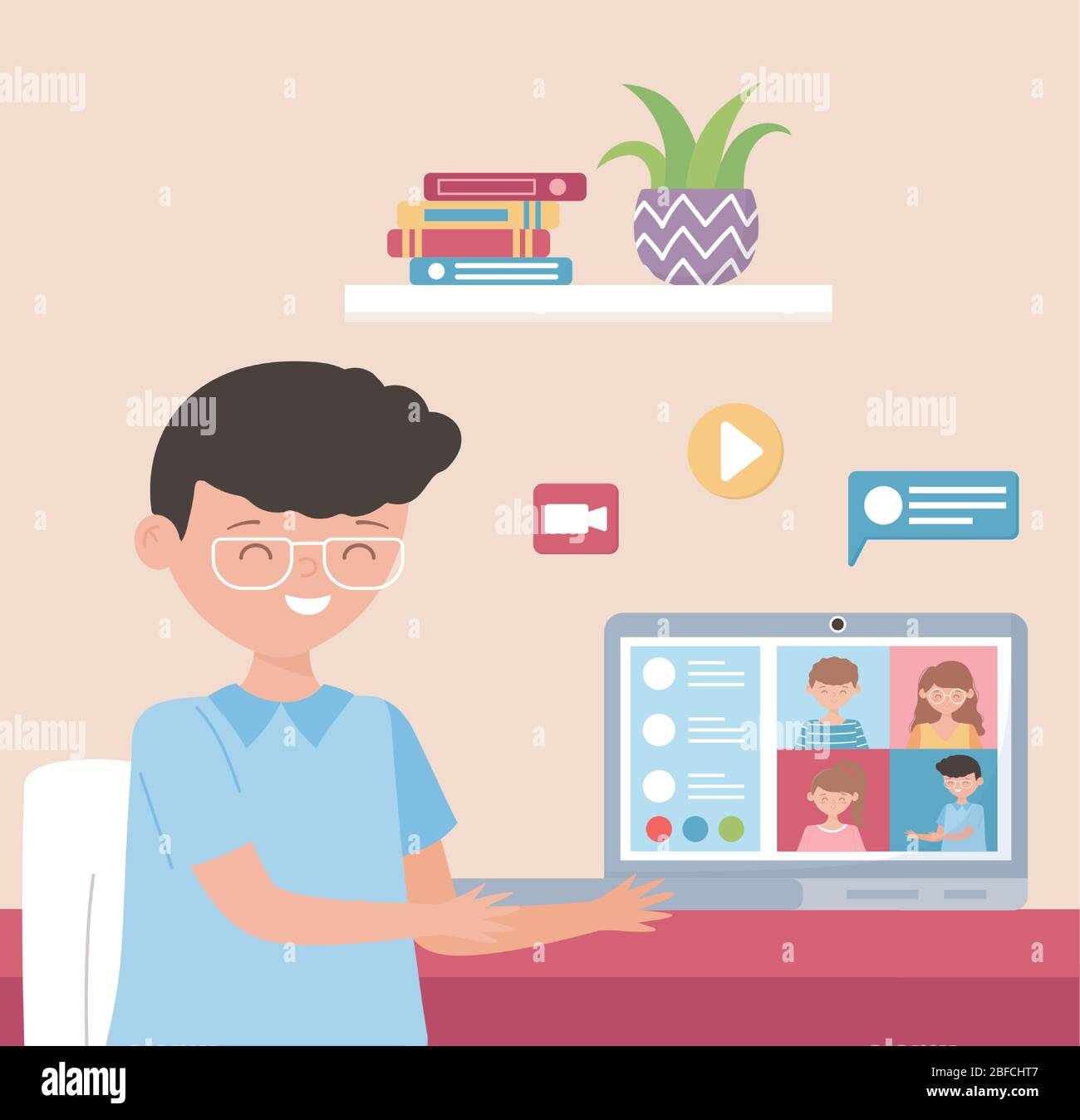 meeting online, man with computer screen talking colleague vector ...