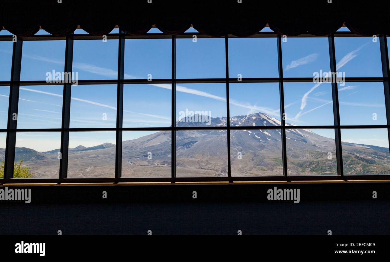 Inside the Johnston Ridge Observatory looking out at Mount St. Helens ...