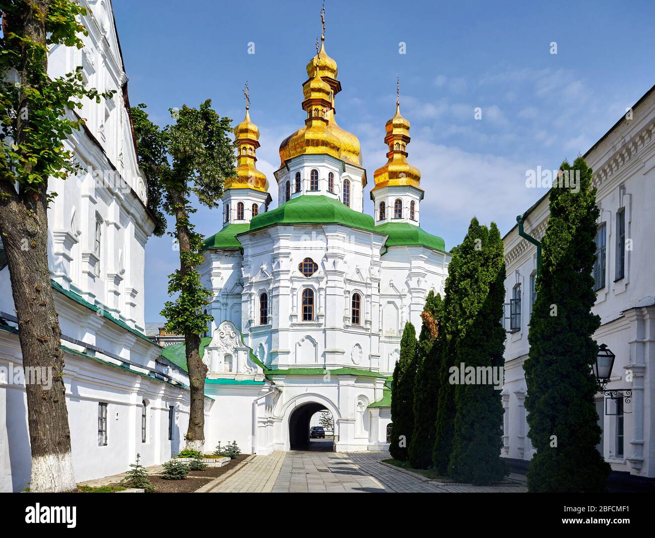 Church with golden domes at Kiev Pechersk Lavra Christian complex. Old ...