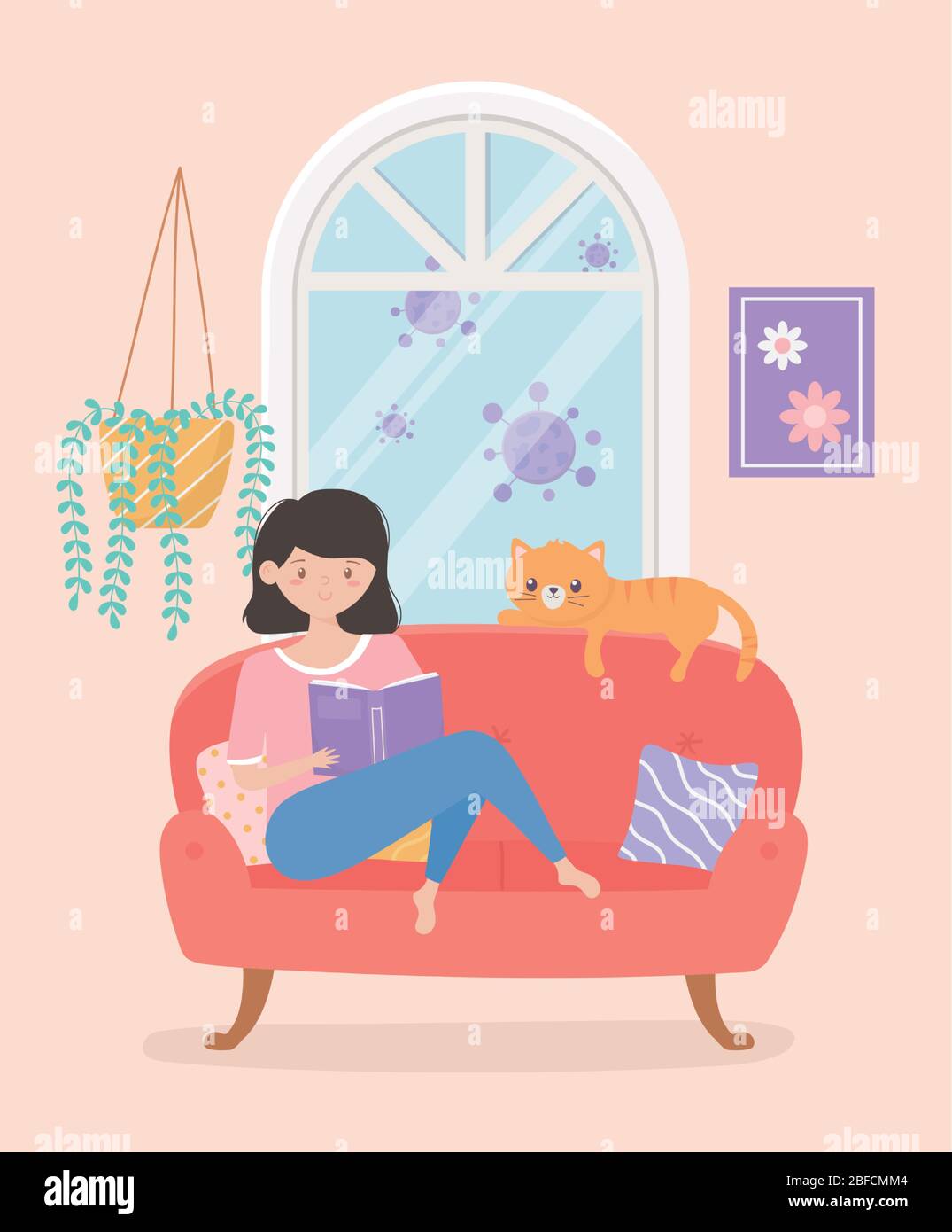 quarantine stay at home, girl reading book sitting on sofa with cat ...