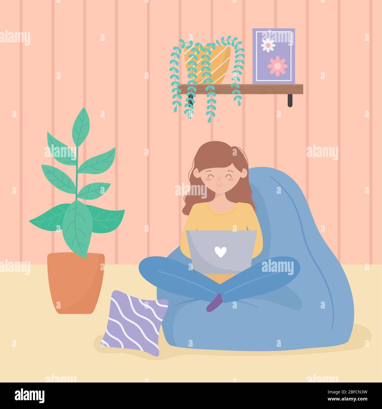 quarantine stay at home, girl with laptop sitting in room with potted ...