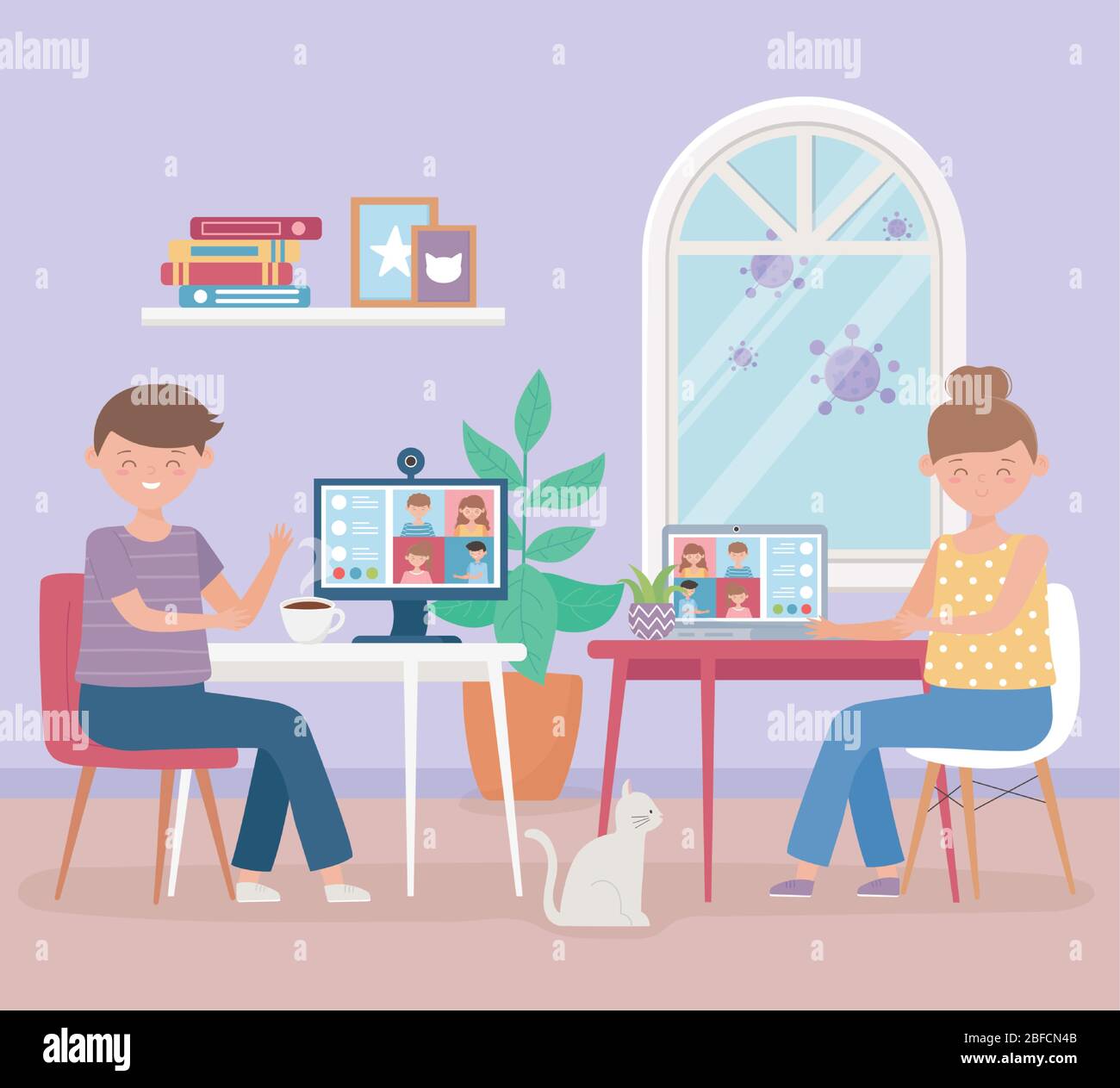 meeting online, man and woman with laptop working virtual, stay at home ...