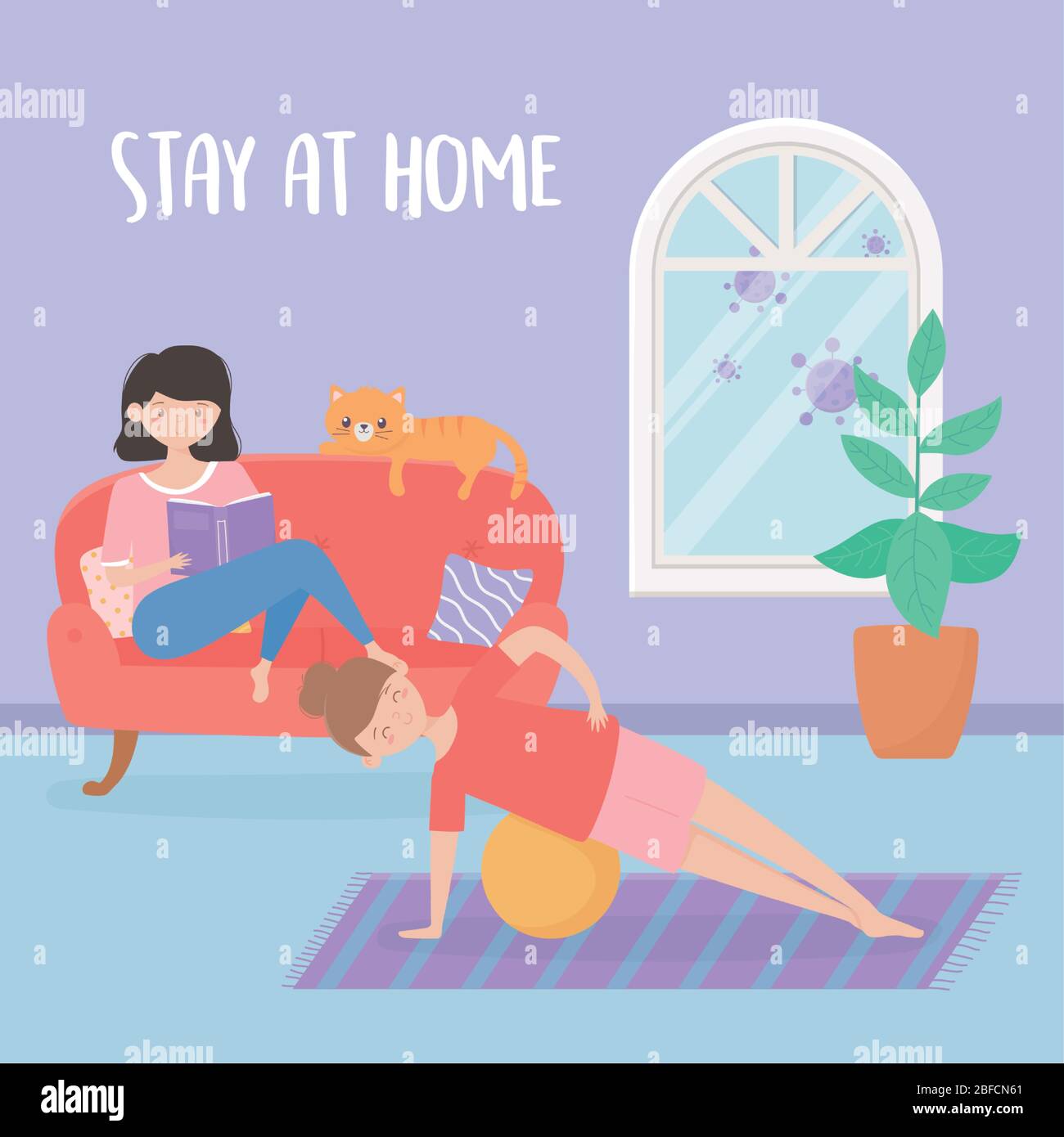 quarantine stay at home, woman practicing yoga and girl reading book in ...