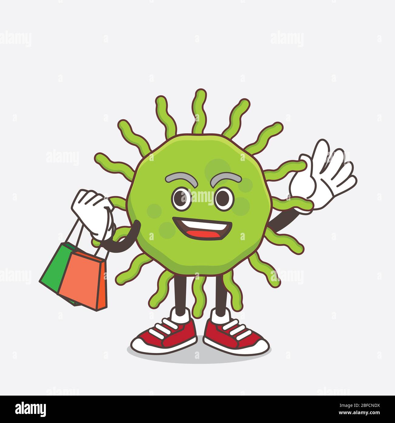 An illustration of Green Virus cartoon mascot character waving and ...