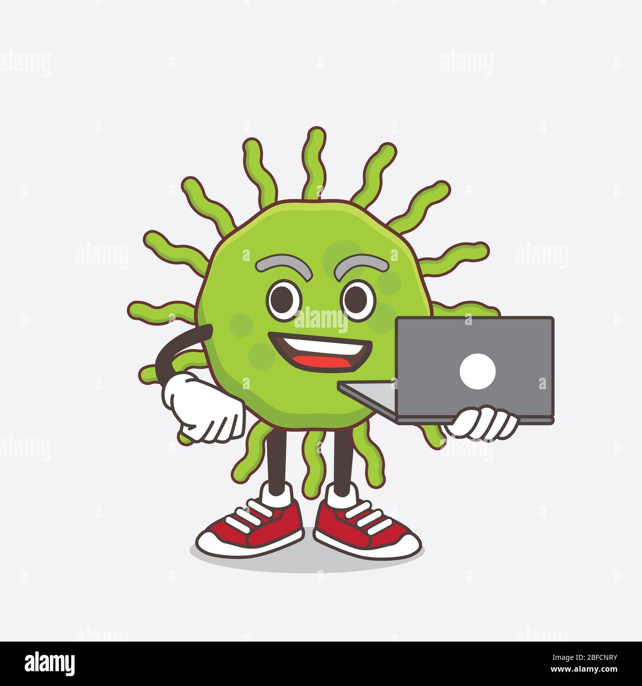 An illustration of Green Virus cartoon mascot character working with ...