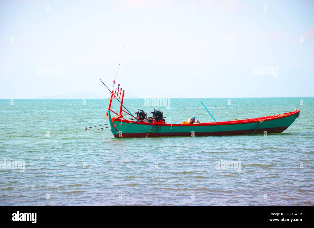 Traditional wooden khmer (Cambodian) fishing boat on the coast of Kep ...