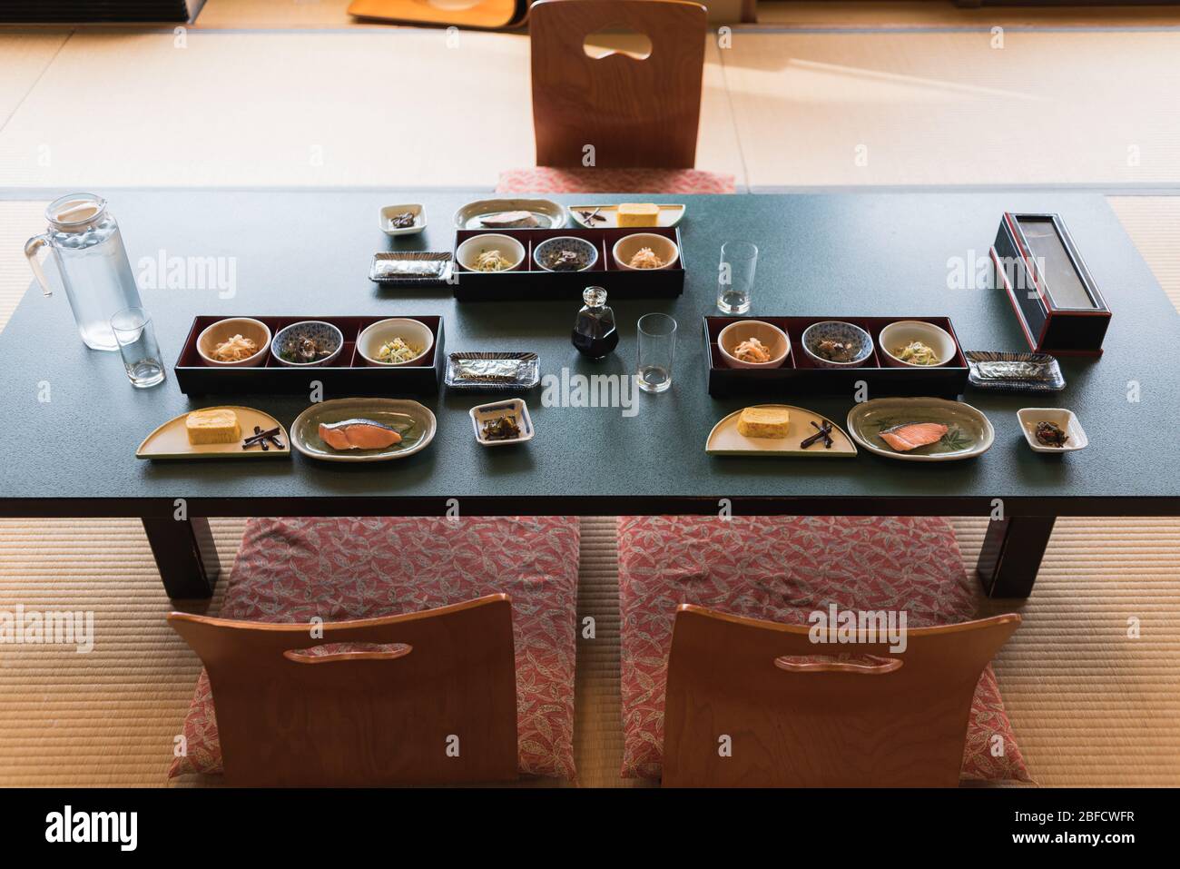 Typical Japanese breakfast served in a Ryokan lodge in Iiyama, Nagano ...