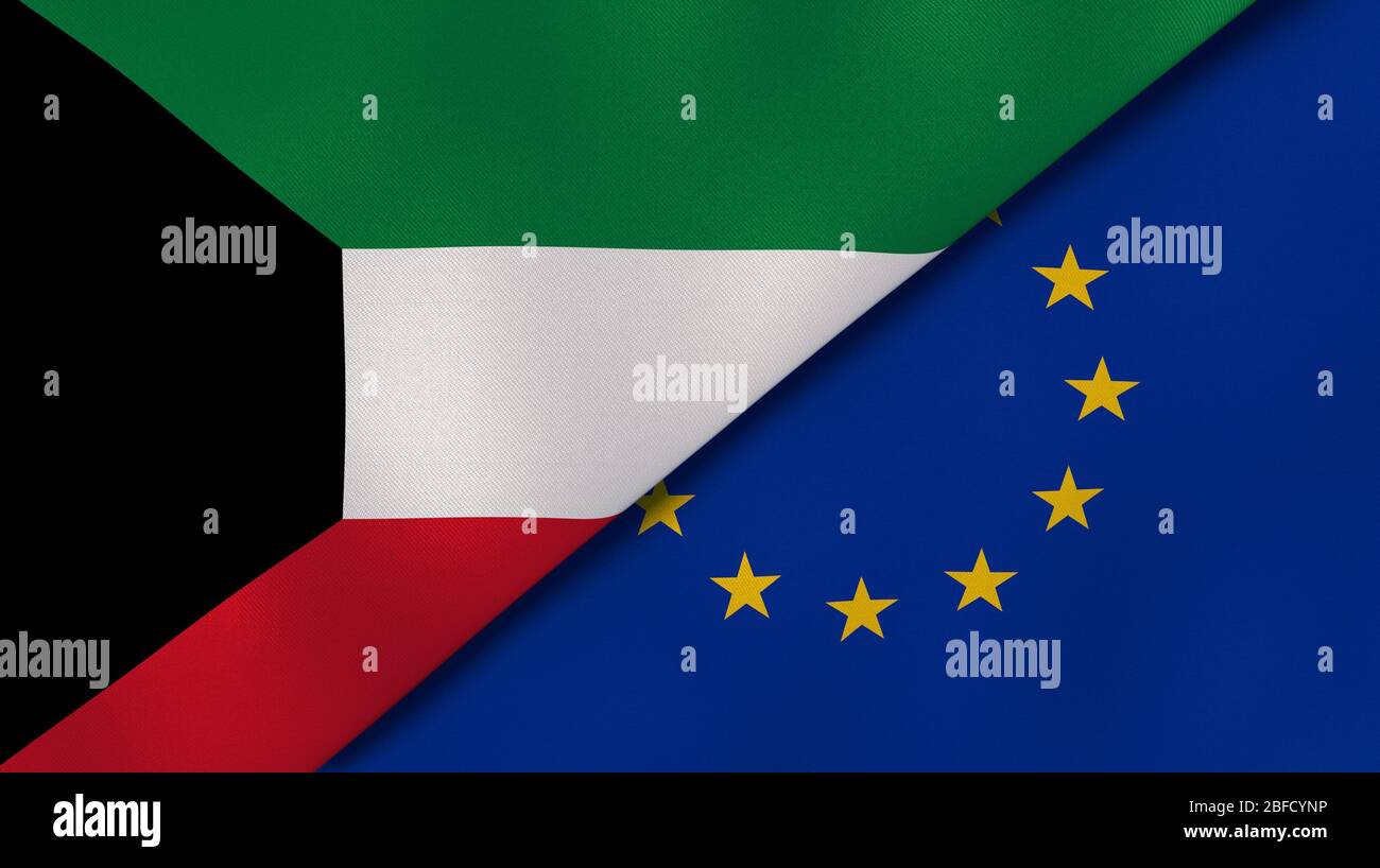 Two states flags of Kuwait and European Union. High quality business ...