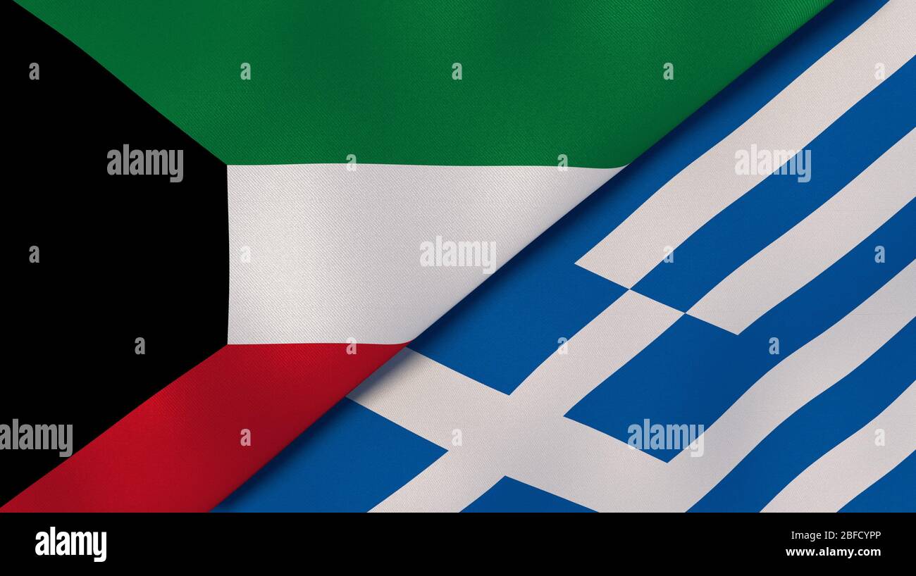 Two states flags of Kuwait and Greece. High quality business background ...