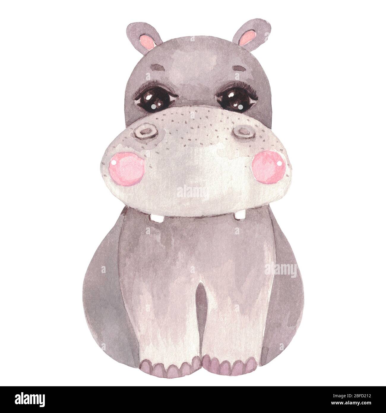 Watercolor illustration of a cute baby Hippo. Safari animal for ...