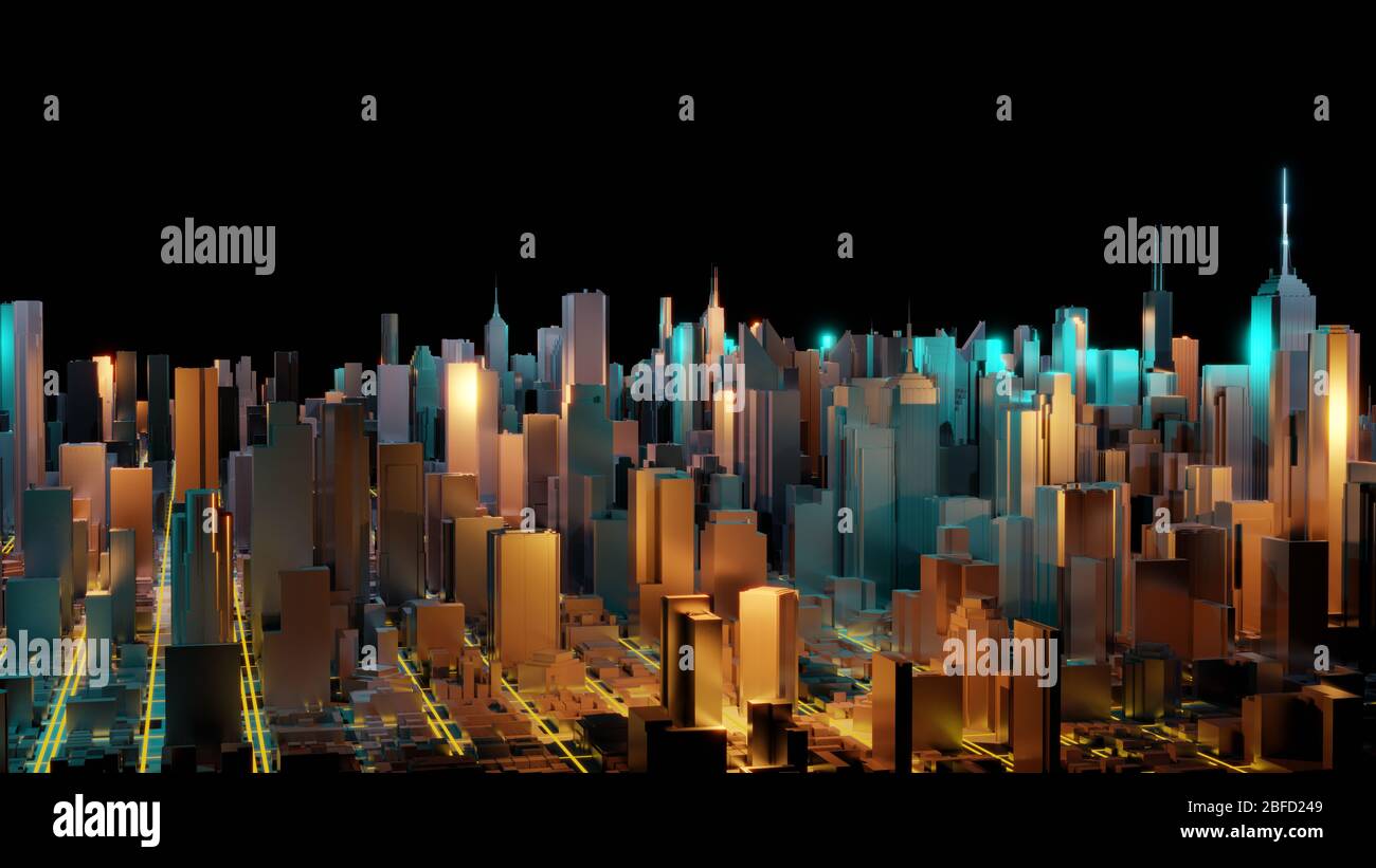 Abstract 3d city rendering with lines and digital elements. Digital ...