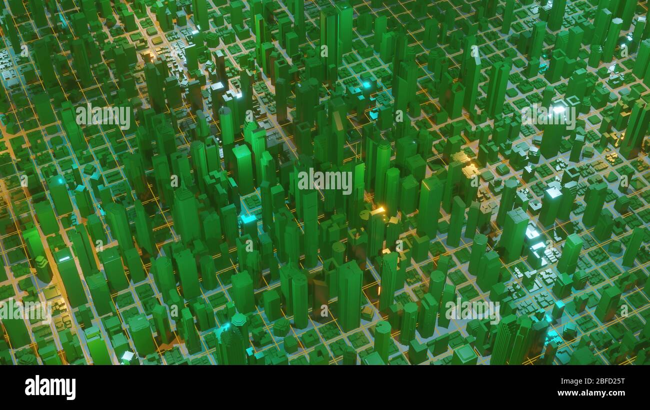 Abstract 3d city rendering with lines and digital elements. Digital ...