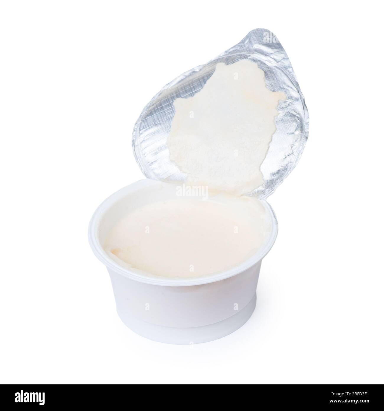 Open expired yogurt isolated on white background Stock Photo - Alamy