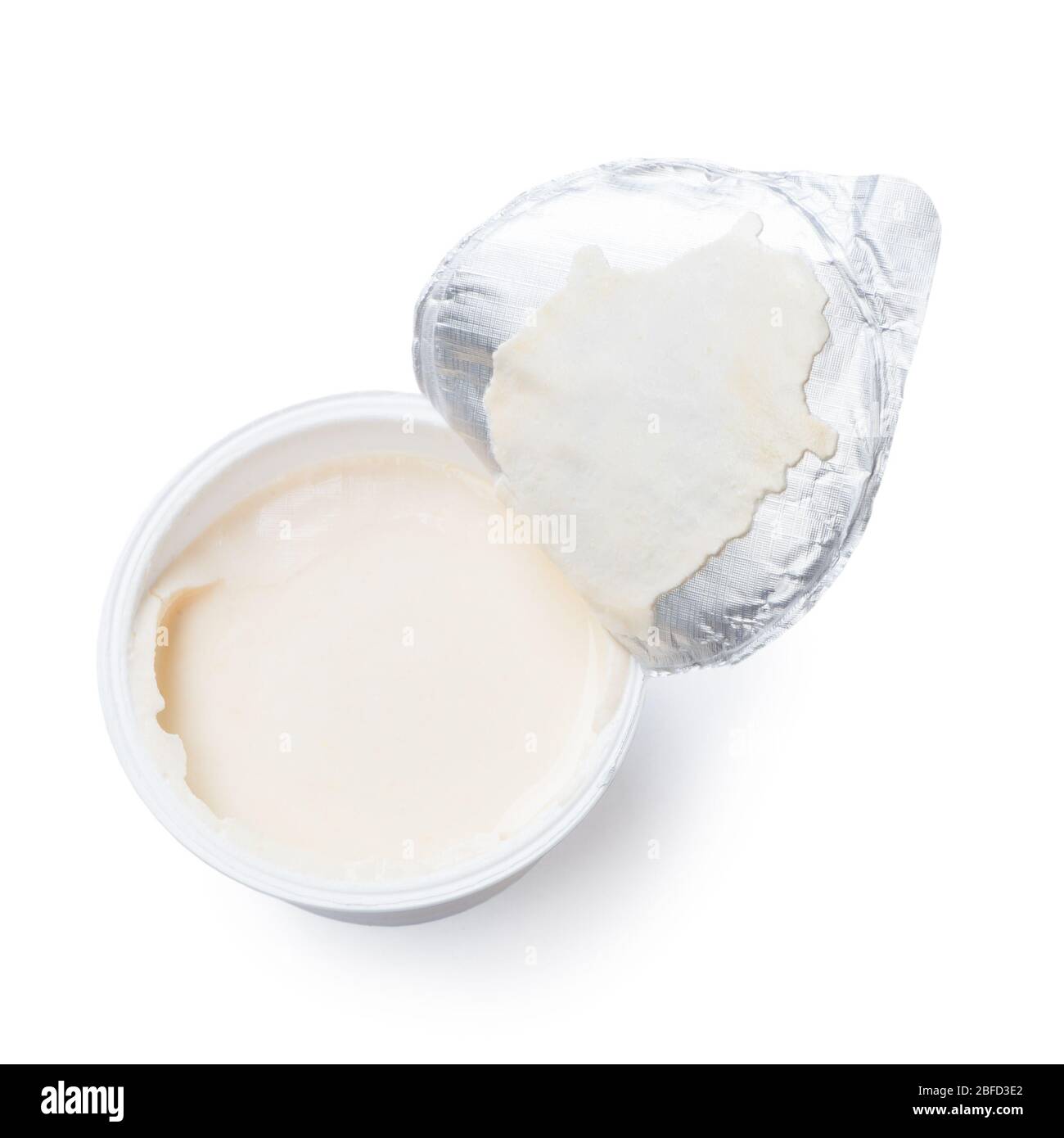 Open expired yogurt isolated on white background Stock Photo - Alamy
