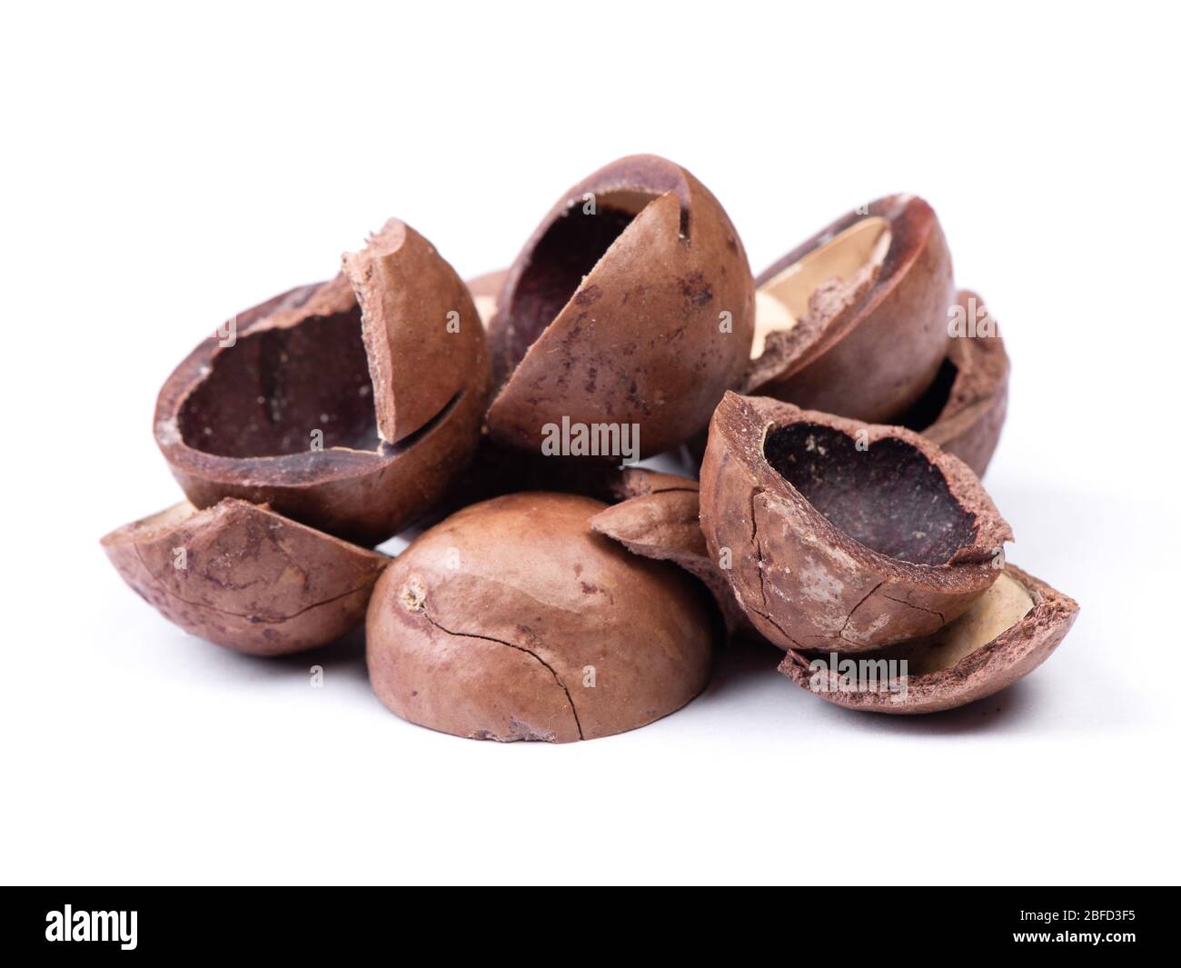 Heap of empty macadamia nut shell isolated on white background Stock ...