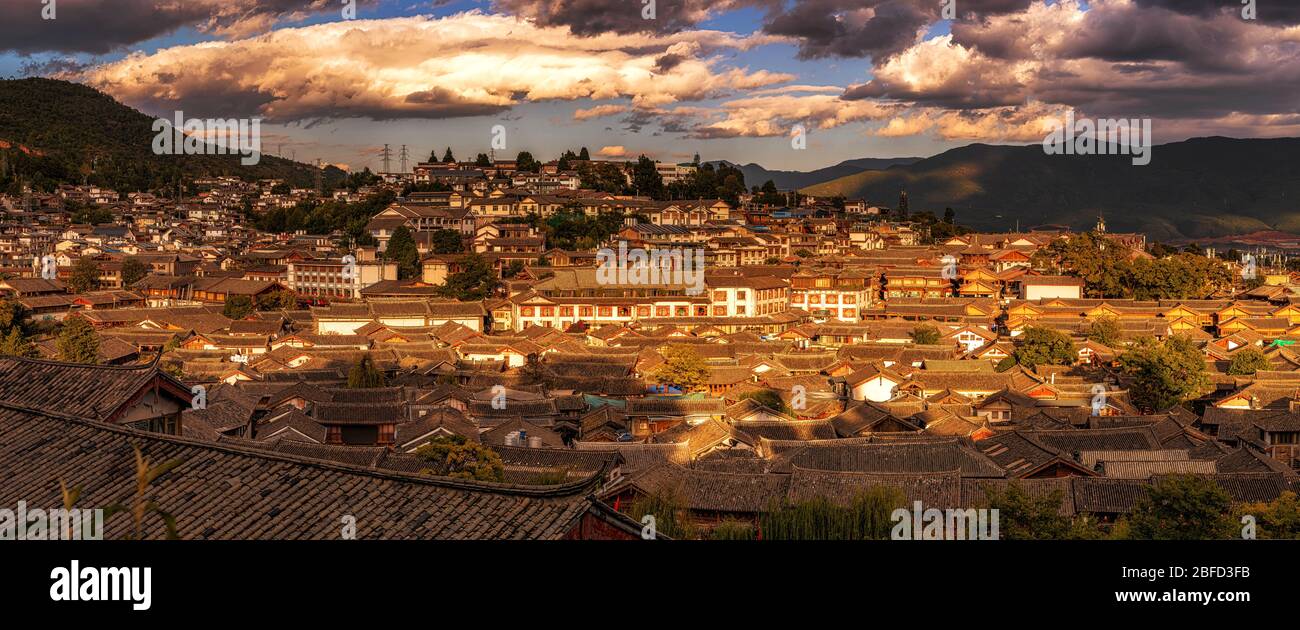 Panorama Top view scene of ancient LiJiang old town, is the historical ...