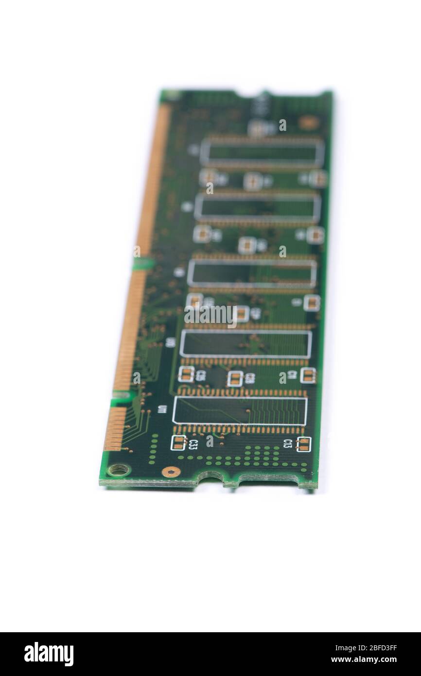 Green stick of RAM memory for computer with electronics components ...