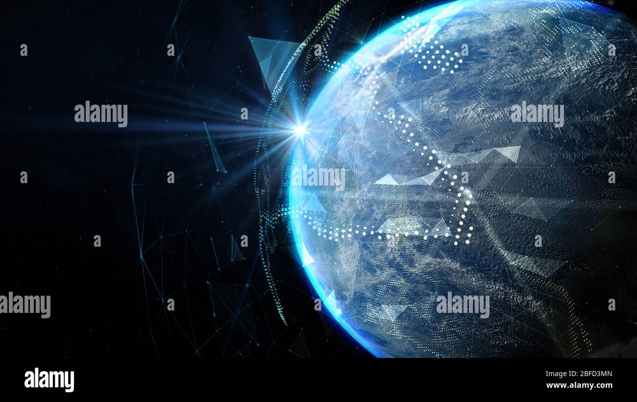 The sun's rays over earth in outer space. Global world network and ...