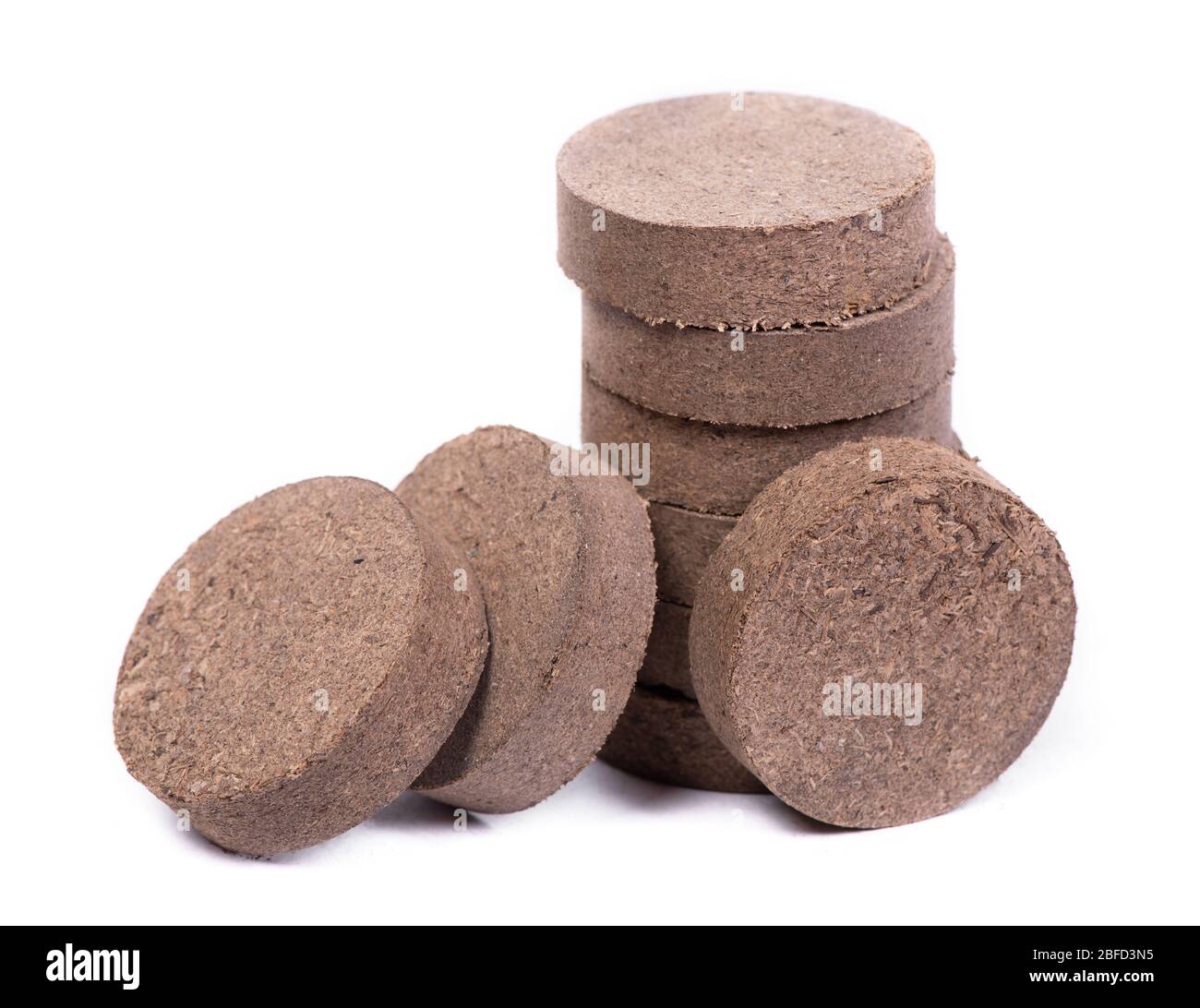 Dry peat pellets, compressed compost tablet isolated over the white ...