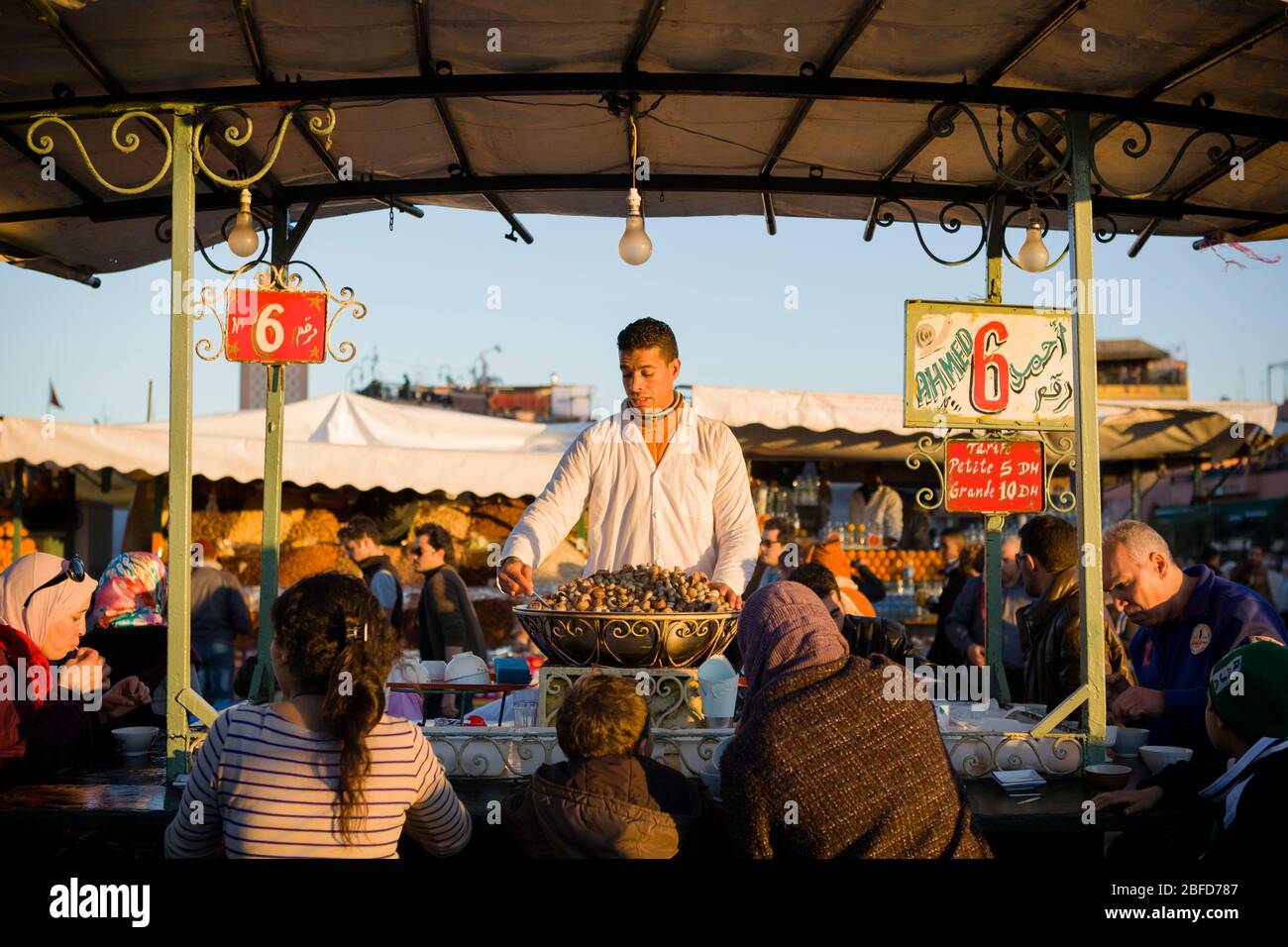 Escargot stand in the Jemaa el-Fnaa open air market in Marrakech ...