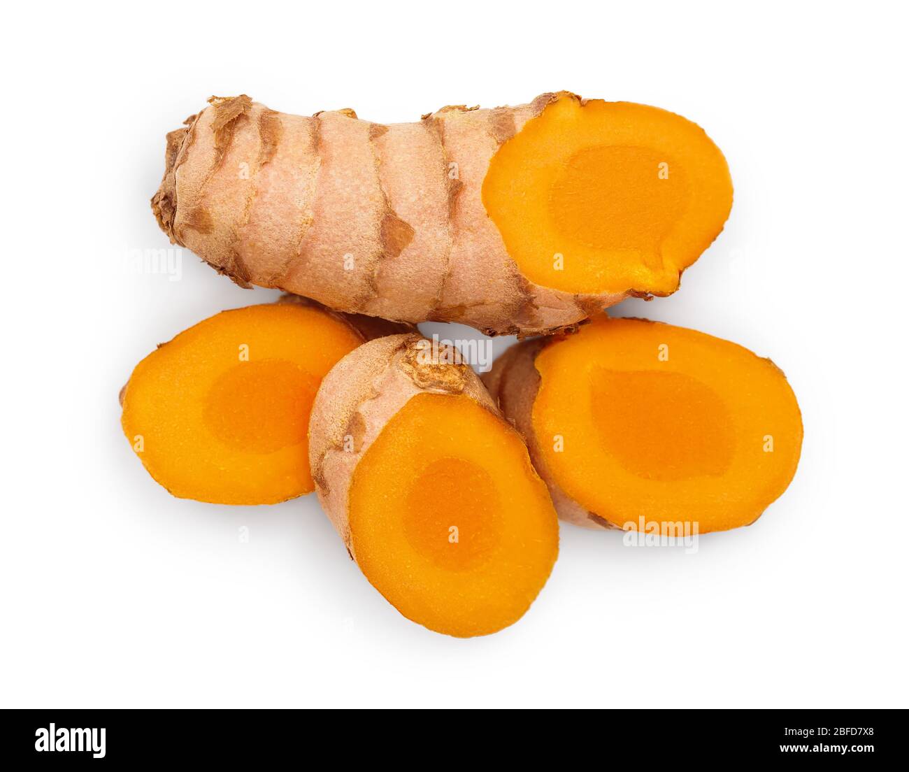 turmeric root slices isolated on white background. Top view. Flat lay ...