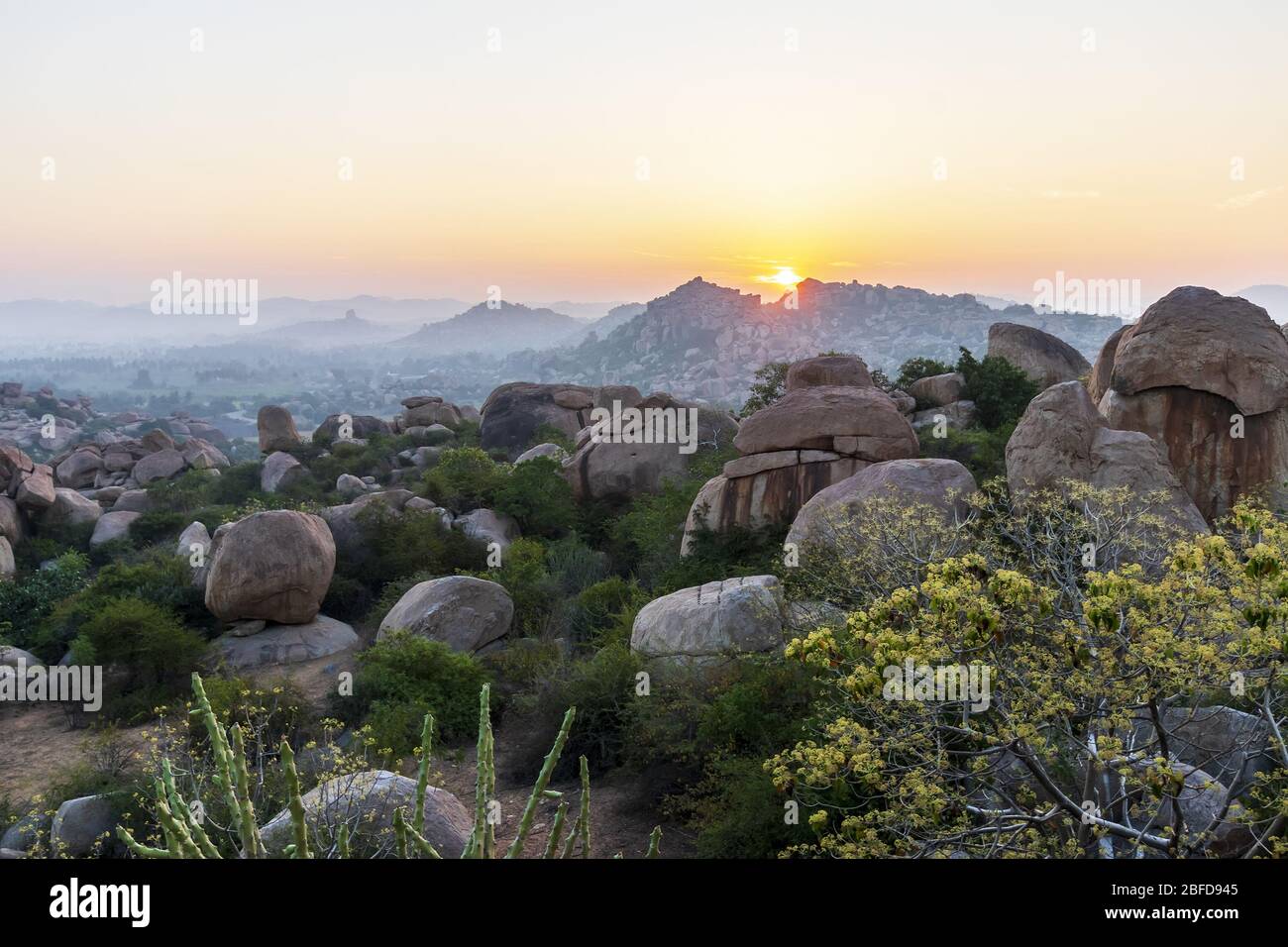 Sunrise in Humpi, state Karnataka, India. Old ancient ruins and Hindu ...