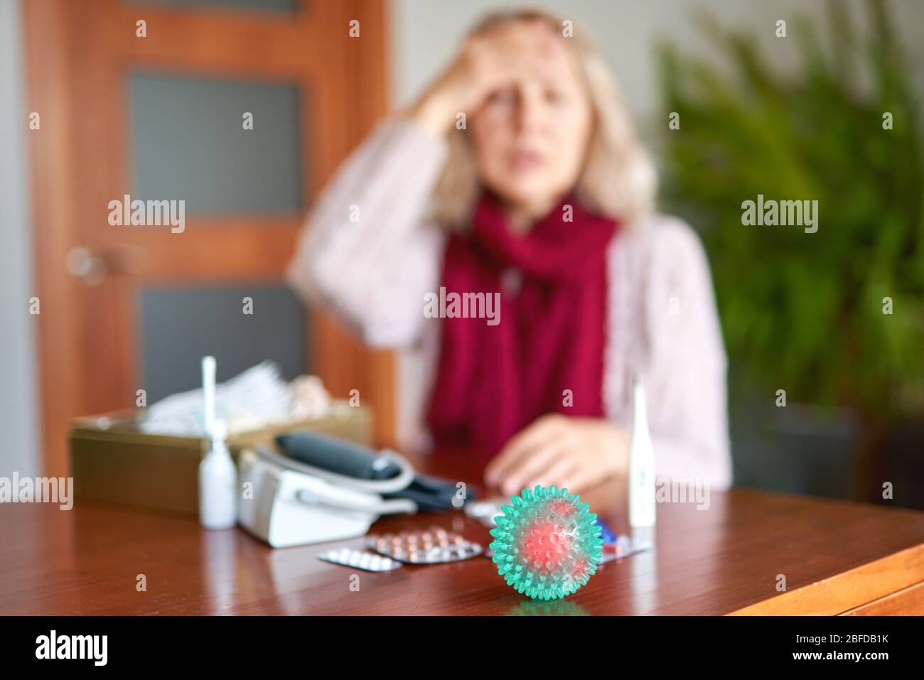 Sickness, seasonal virus problem concept. Senior woman being sick ...