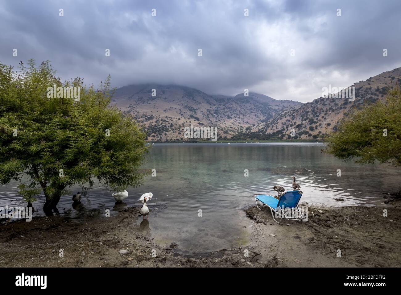 Kourna freshwater lake on the island of Crete, Greece in cloudy weather ...