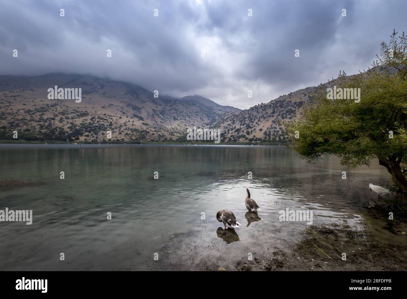 Kourna freshwater lake on the island of Crete, Greece in cloudy weather ...