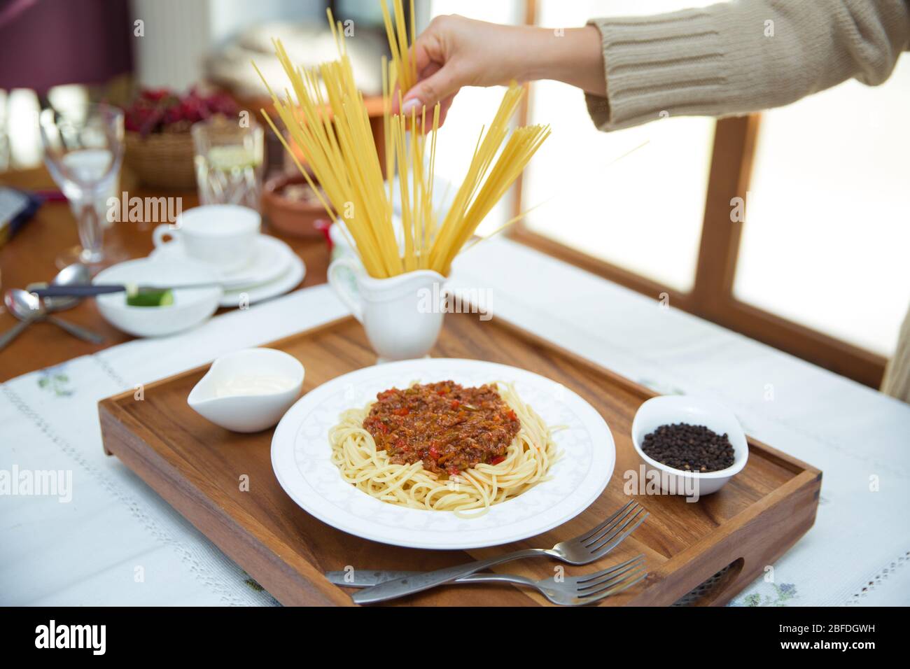 Delicious spaghetti wooden tray . Spaghetti Bolognese with minced beef ...