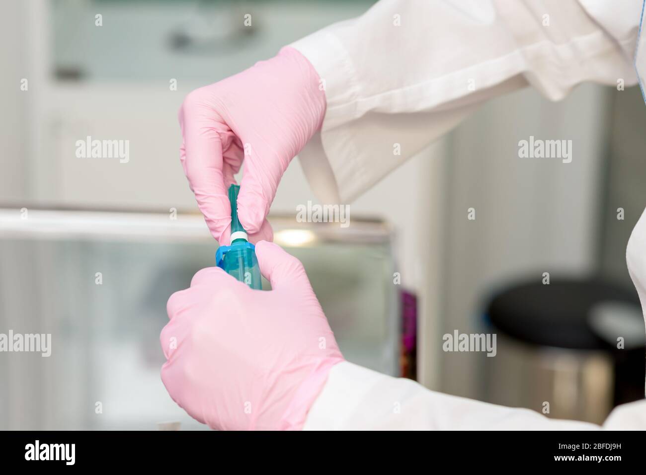 Blood collection and sampling system elements in nurse hands Stock ...