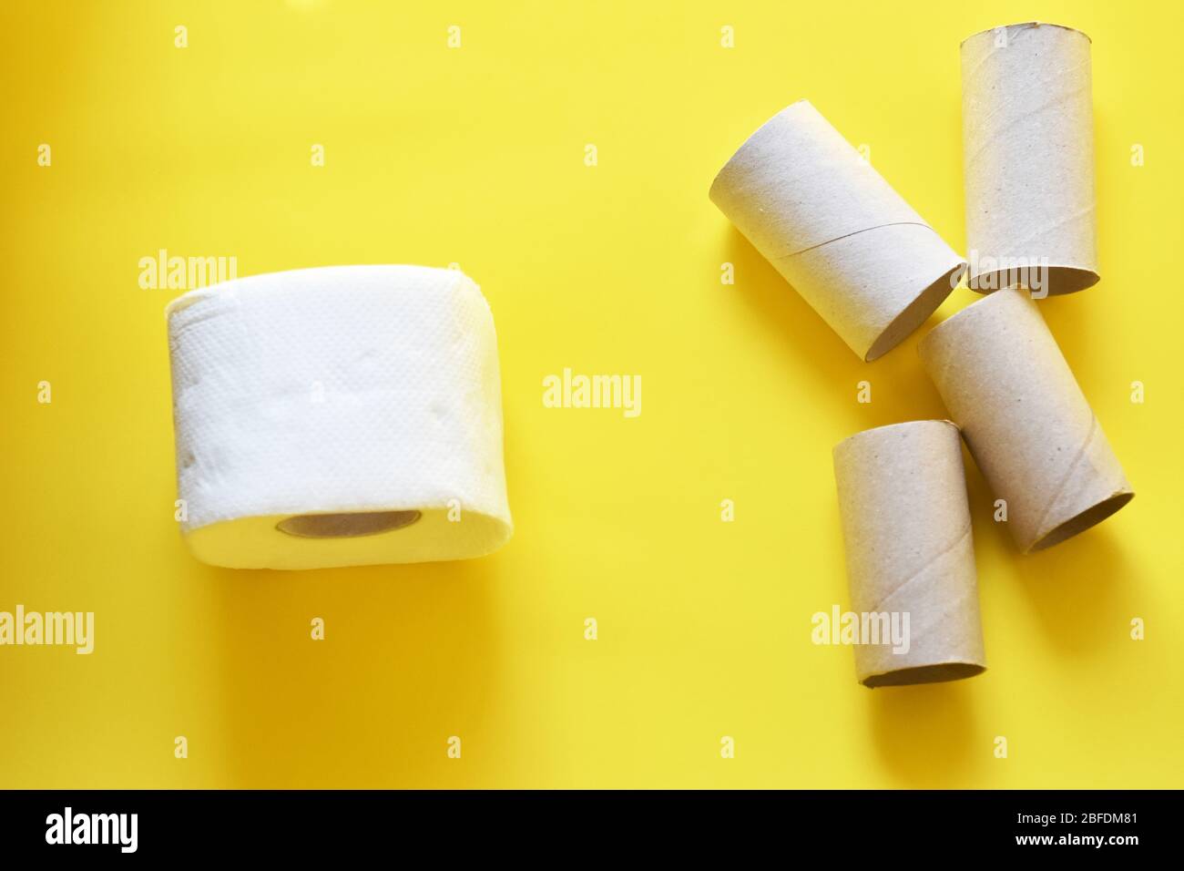 Top view of toilet paper roll and paper tubes on yellow background ...