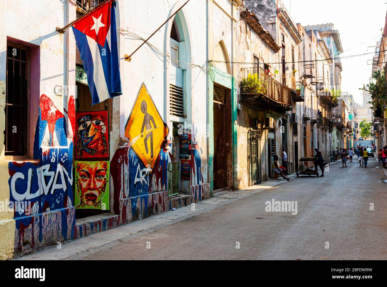 Havana, Cuba - 25 July 2018: Old Havana street with graffiti painted on ...